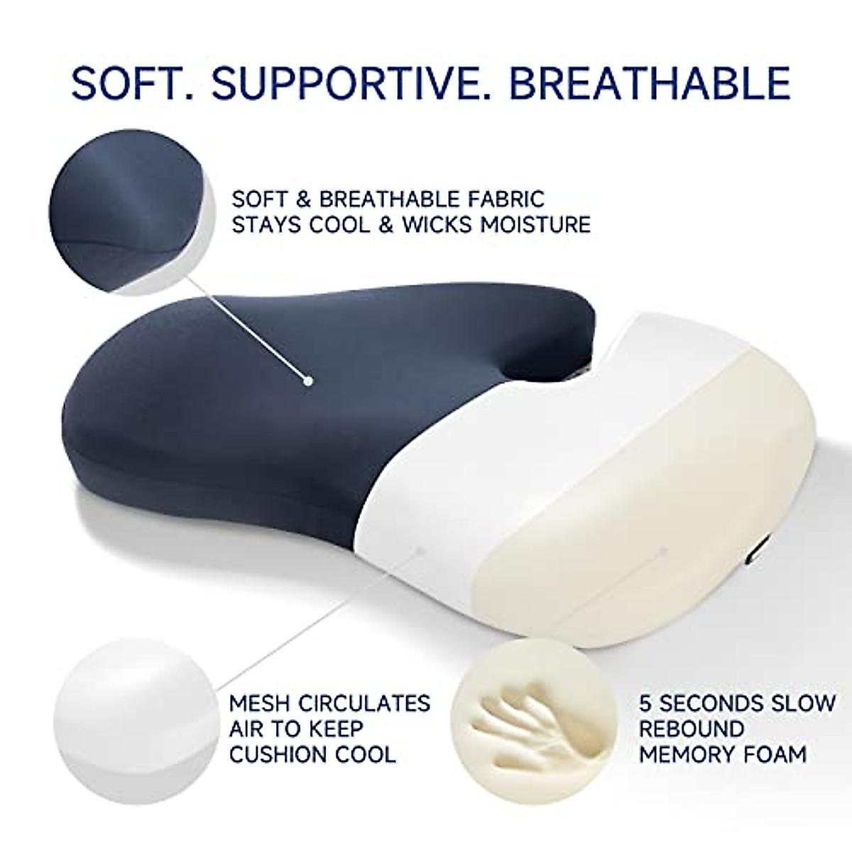 Seat Cushions for Office Chairs Memory Foam Seat Cushion Non-Slip Butt Coccyx Tailbone Sciatica Lower Back Pain Relief for Car Wheelchair Computer Desk Chair（Navy Blue）