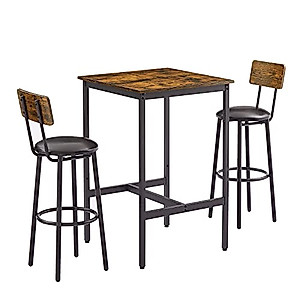 KIVENJAJA Bar Table and Chairs Set for 2, 3-Piece Small Square Pub Bistro Table and Upholstered Stools with Backrest, Counter Height Dining Table Set for Kitchen Small Space, Rustic Brown