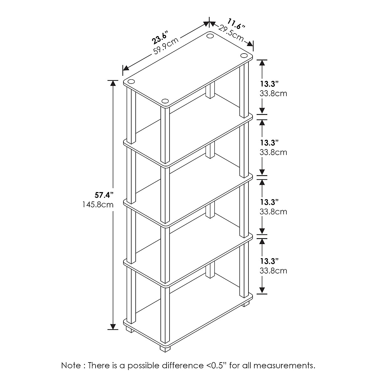 Furinno Turn-N-Tube 5-Tier Multipurpose Shelf / Display Rack / Storage Shelf / Bookshelf, Square Tubes, Walnut/Brown