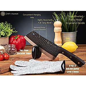 Meat Cleaver Gift Set, Sharpener and Anti-Cut Gloves, 7.5 Inch Fully Forged Cleaver Knife for Meat Cutting, Vegetables Chopping and Slicing, Full Tang Vegetable Cleaver, Ergonomic Riveted Wood Handle