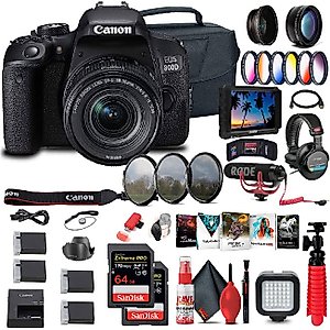 Canon EOS Rebel 800D / T7i DSLR Camera with 18-55 4-5.6 is STM Lens (1895C002), 4K Monitor, Pro Mic, Pro Headphones, 2 x 64GB Memory Card, Color Filter Kit, Case + More (Renewed)