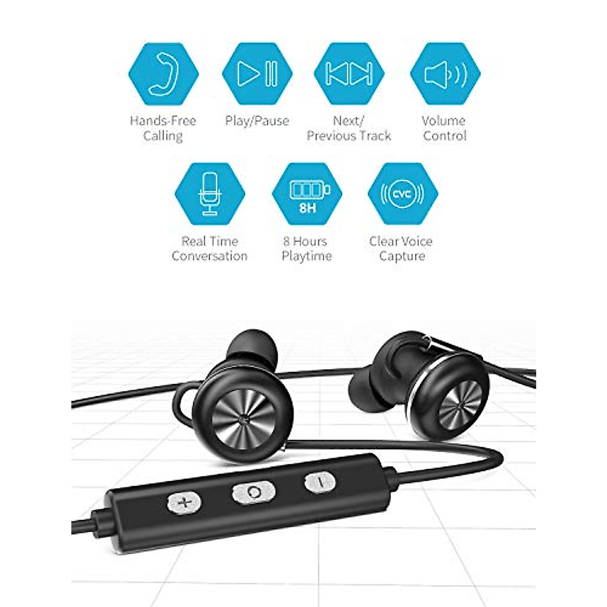 VEENAX Pogo Wireless Headphones, Bluetooth Sport Earphones, Fitness Earbuds with Mic, Magnetic and Super Bass, 8H Playtime, Sweatproof, in Ear Stereo Headset for iPhone iPad iPod Phone MP3, Black