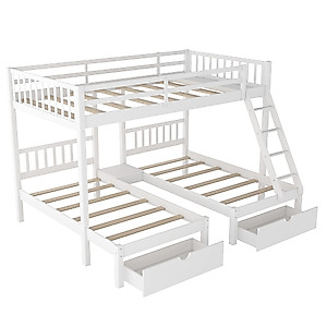 Wood Triple Bunk Bed with 3 Drawers and Guardrails, Full Over 2 Twin Bunk Bed for Family, Teens, No Box Spring Needed