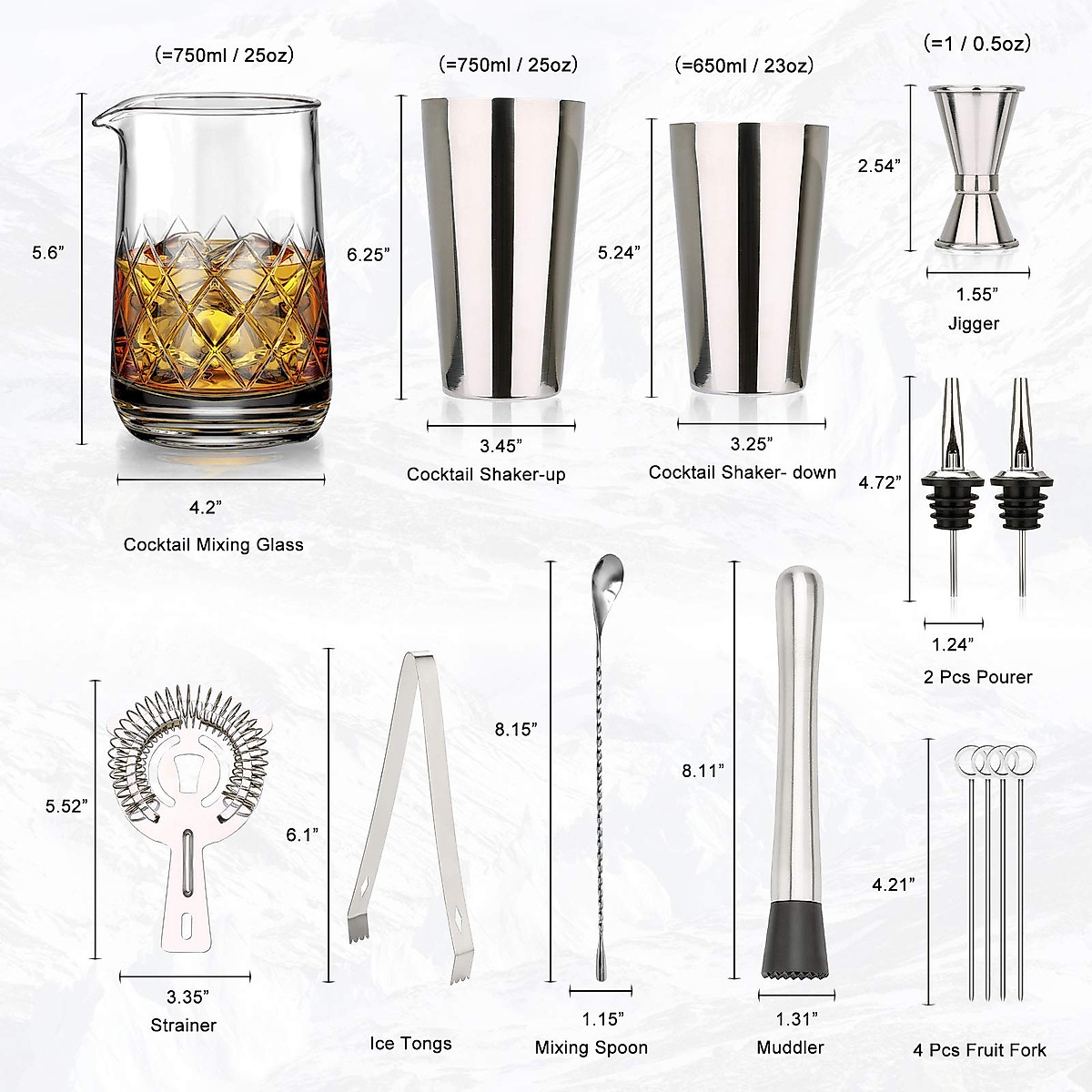 25 oz Crystal Cocktail Mixing Glass Set - Bartender Kit for Drinking Lover - Stainless Steel Hand Shaker, Spoon, Ice Tongs, Jigger, Pourer, Strainer & Muddler for Home Bar