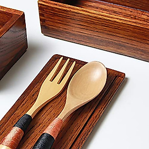 Wood Bento Box, Lunch boxes, Japanese Traditional Natural Square Wooden Lunch Containers Women's Men's Adult Wood Bento Box with Spoon Fork kit