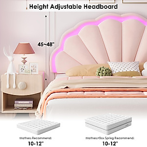 HIFIT Full Size Upholstered Smart LED Bed Frame with 2 Storage Drawers and Adjustable Chic Double Petal Headboard, Princess Platform Bed for Girls, Solid Wood Slats Support/No Box Spring Needed, Pink