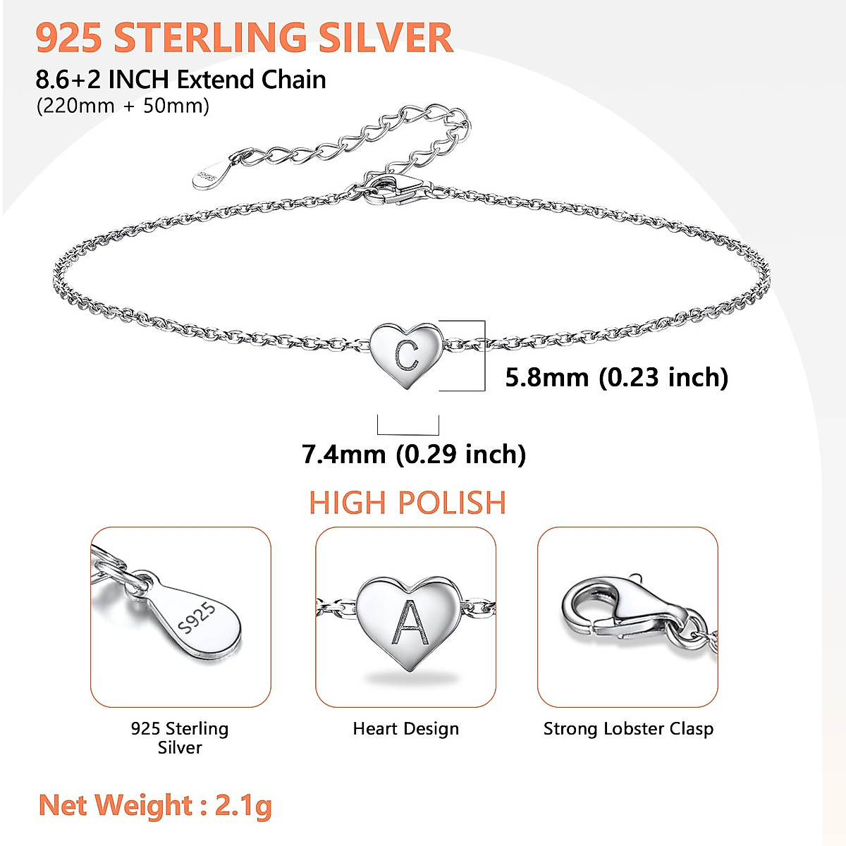 Silvora Dainty Heart Letter S925 Sterling Silver Anklet Initial Anklets for Women-Non-Tarnish Adjustable Ankle Bracelet for Women, Perfect Gift for Beach, Party, Everyday Wear