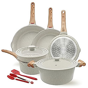 Bobikuke 10 Pcs Nonstick Cookware Set, Non Stick Pots and Pans Set with Lid, Kitchen Cookware Sets for Cooking with Cool Handle, Compatible with All Stovetops, PFOA free (White)