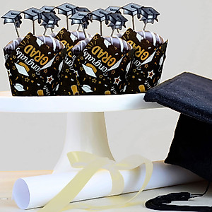 Nuenen 200 Pcs Graduation Tulip Cupcake Liners 2024 Congrats Grad Paper Baking Cups Greaseproof Muffin Liners Holders Graduation Cap Cup Cake Paper Cup Tulip Cupcake Wrappers for Party(Black, Gold)