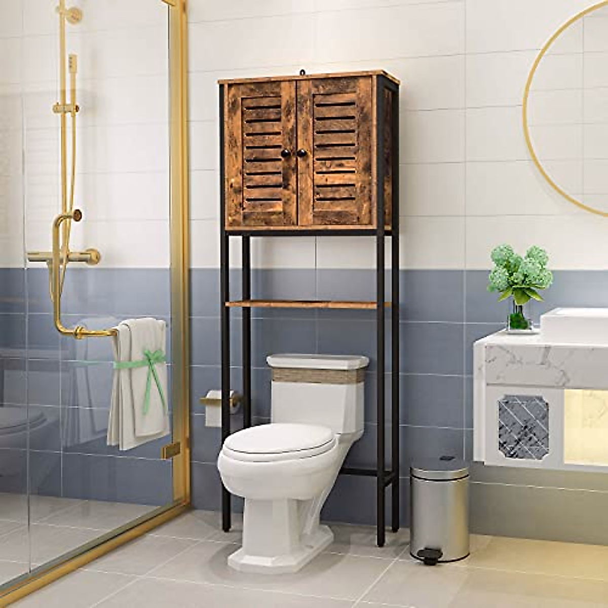 HOOBRO Over The Toilet Storage Cabinet, Bathroom Space Saver with Louver Door, Industrial Bathroom Cabinet Over Toilet, Easy to Assemble, Stable, Rustic Brown BF43TS01