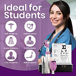Zyrev Otoscope Oph Multi-Function Set - Otoscope/Opthalmoscope for Ear & Eye Examination - with Portable Carry Case, Sight Chart, Replacement Tips (Purple)