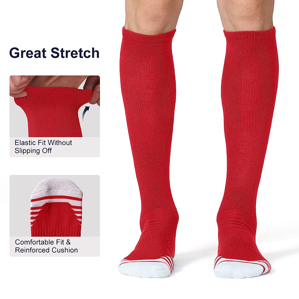 FITRELL 2 Pack Baseball Soccer Softball Socks for Kids Youth Men & Women Over-the-Calf Knee High Football Socks, nfl, Red, X-Small