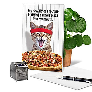 NobleWorks - 1 Cute Birthday Card with Envelope - Funny Wild Animals and Pets, Birthday Greeting - Pizza Fitness C6935BDG