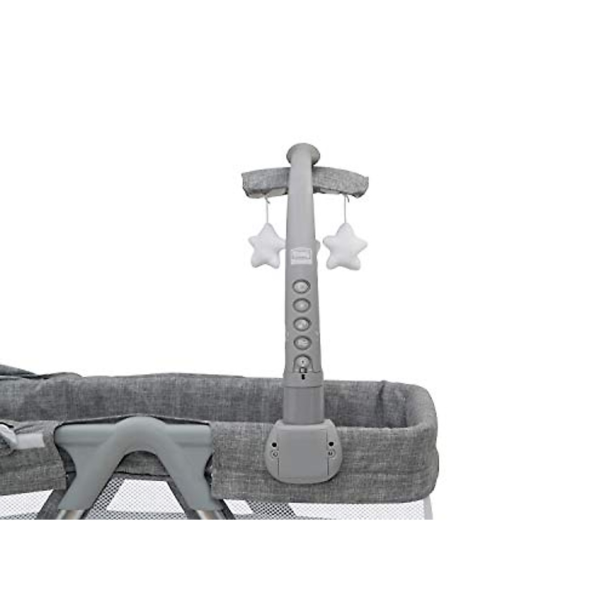 Simmons Kids City Sleeper Bedside Bassinet Portable Crib - Activity Mobile Arm with Nightlight, Vibrations, Twinkle Lights and Rotating Stars, Grey Tweed