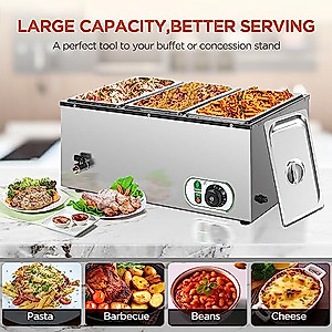 Cavlhils 3-Pan Commercial Bain Marie Buffet Steam Table Stainless Steel Food Warmer, 3x7QT 6" Deep 1500W Electric Countertop Warmers with 86-185°F Temp Control for Parties, Catering, Restaurant