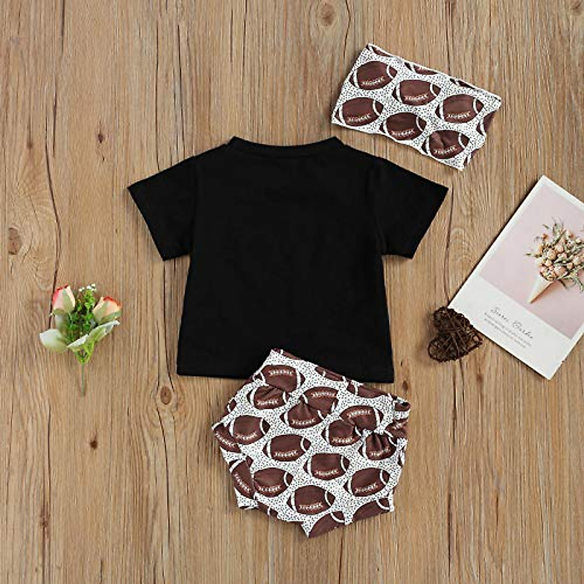 woshilaocai Newborn Baby Girl Funny Letter Print Short Sleeve T Shirt Top Cute Shorts Bloomers Headband Summer Clothes Set (black top football print shorts, 0-6 months)