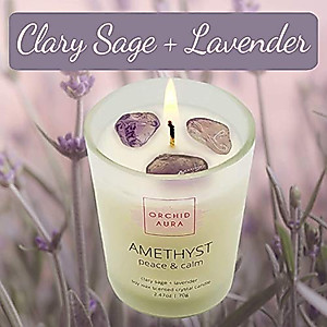 ORCHID AURA Soy Candles with Healing Crystals. Citrine, Rose Quartz, Amethyst Crystal. Eucalyptus + Lemongrass, Jasmine + Sandalwood, Clary Sage + Lavender. 3PC Scented Candle Set, 2.47oz Each