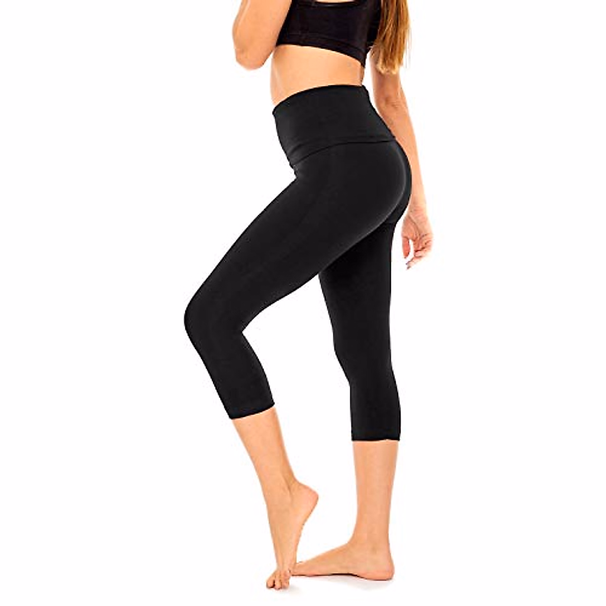 DEAR SPARKLE Fold Over Yoga Pants for Women Cotton Leggings Foldover High Waist Leggings Capri Plus Size (C7 F) (Black, Medium)