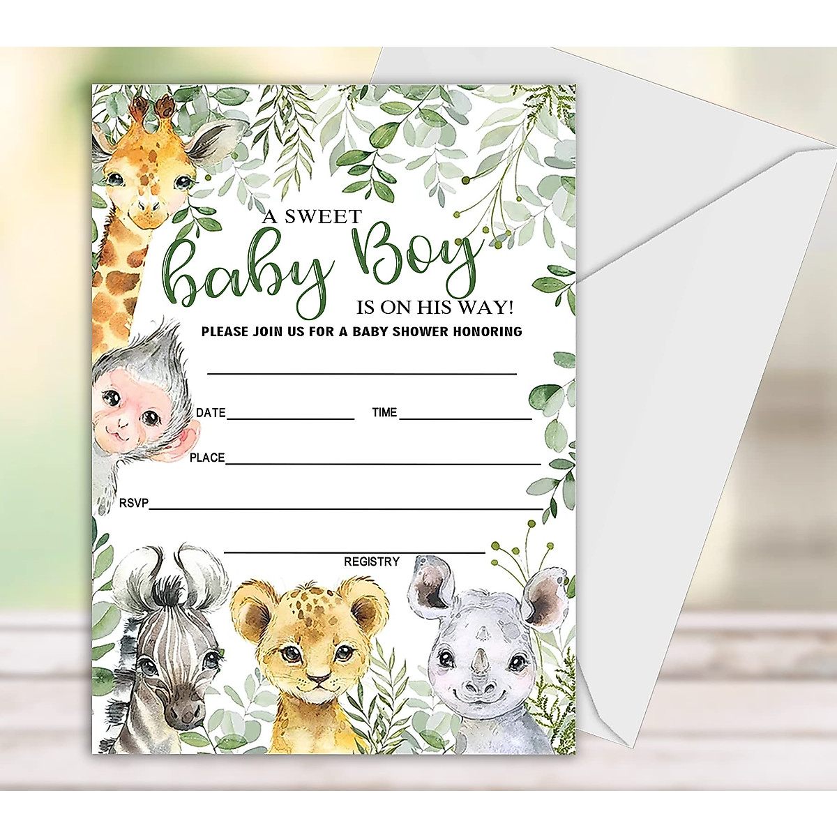 Geuro Baby Shower Invitations, Jungle Animals Fill In Invites Cards wih Envelopes, A Little wild one, Wooden, Set of 25.