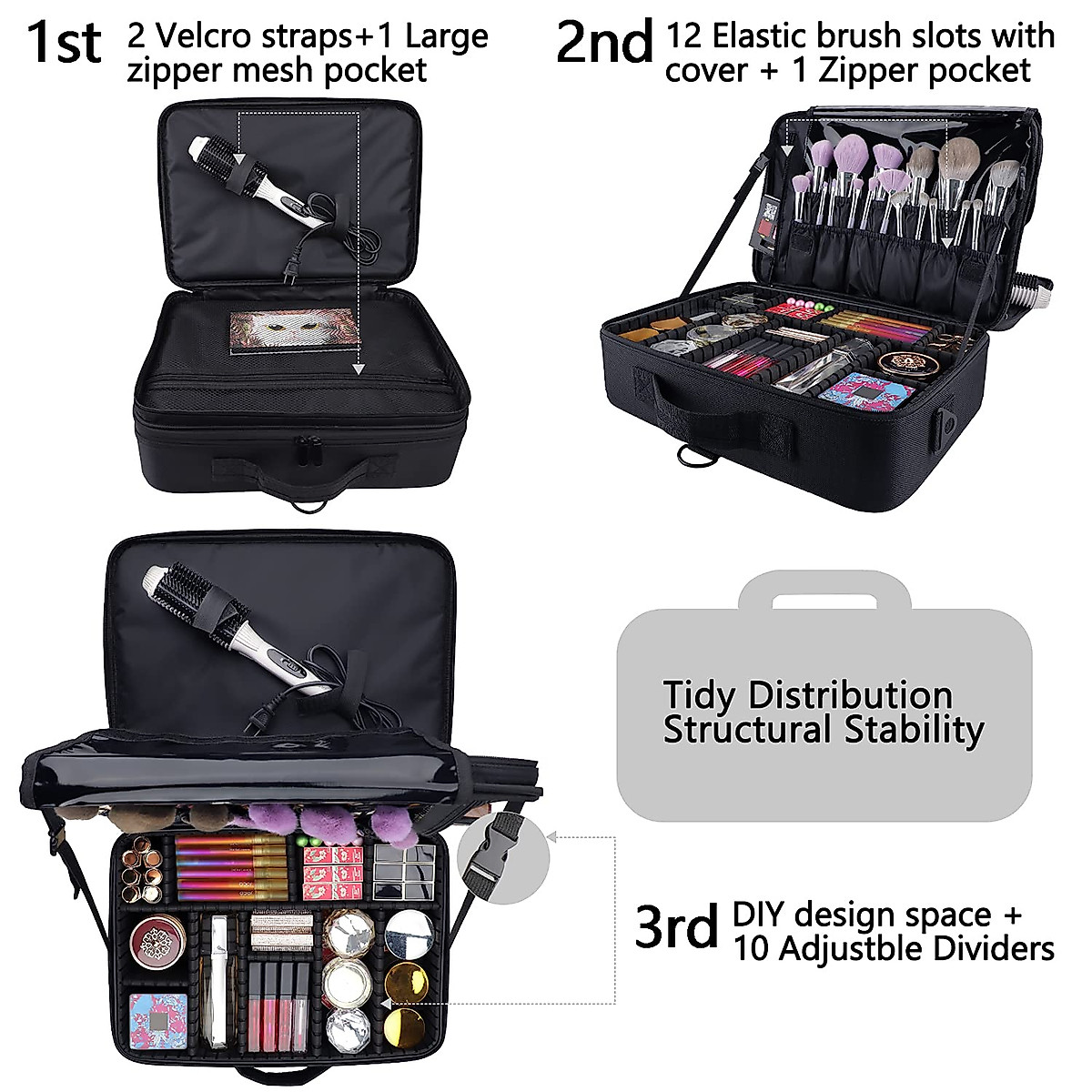 Oewoer Professional Travel Makeup Case 16.5 Inches Large Make Up Bag Cosmetic Train Case Portable Artist Storage Organizer Bag with Shoulder Strap for Makeup Brushes (L-Black)