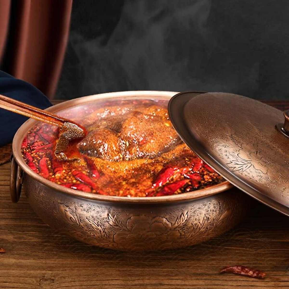 Chafing Dishes Chinese Induction Copper Hot Pot, Beijing Shabu-shabu Basin Copper Pot, Handmade Soup Pot with Sauerkraut Copper Pot for Domestic Commercial Use (Color : Brass, Size : 34cm)