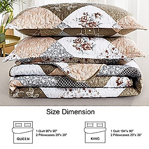 Dinjoy Floral Plaid Patchwork Quilt Set King Size, Reversible Brown Bedding Set Soft Microfiber Lightweight Bedspread Coverlet 3 Piece Spring Summer Use (104x90 inches)