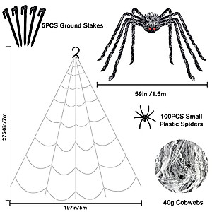 YUJUN Halloween Giant Spider Decorations 59'', Halloween Web Decor Scary Giant Spider with 100PCS Small Fake Plastic Spiders 275'' Giant Spider Webs for Halloween Outdoor and Indoor Decoration
