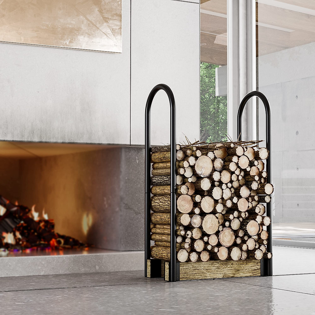 Fire Beauty Firewood Log Rack Adjustable Bracket Kit, Fireplace Wood Storage Holder,Black Powder,Coated Steel, Outdoor and Indoor