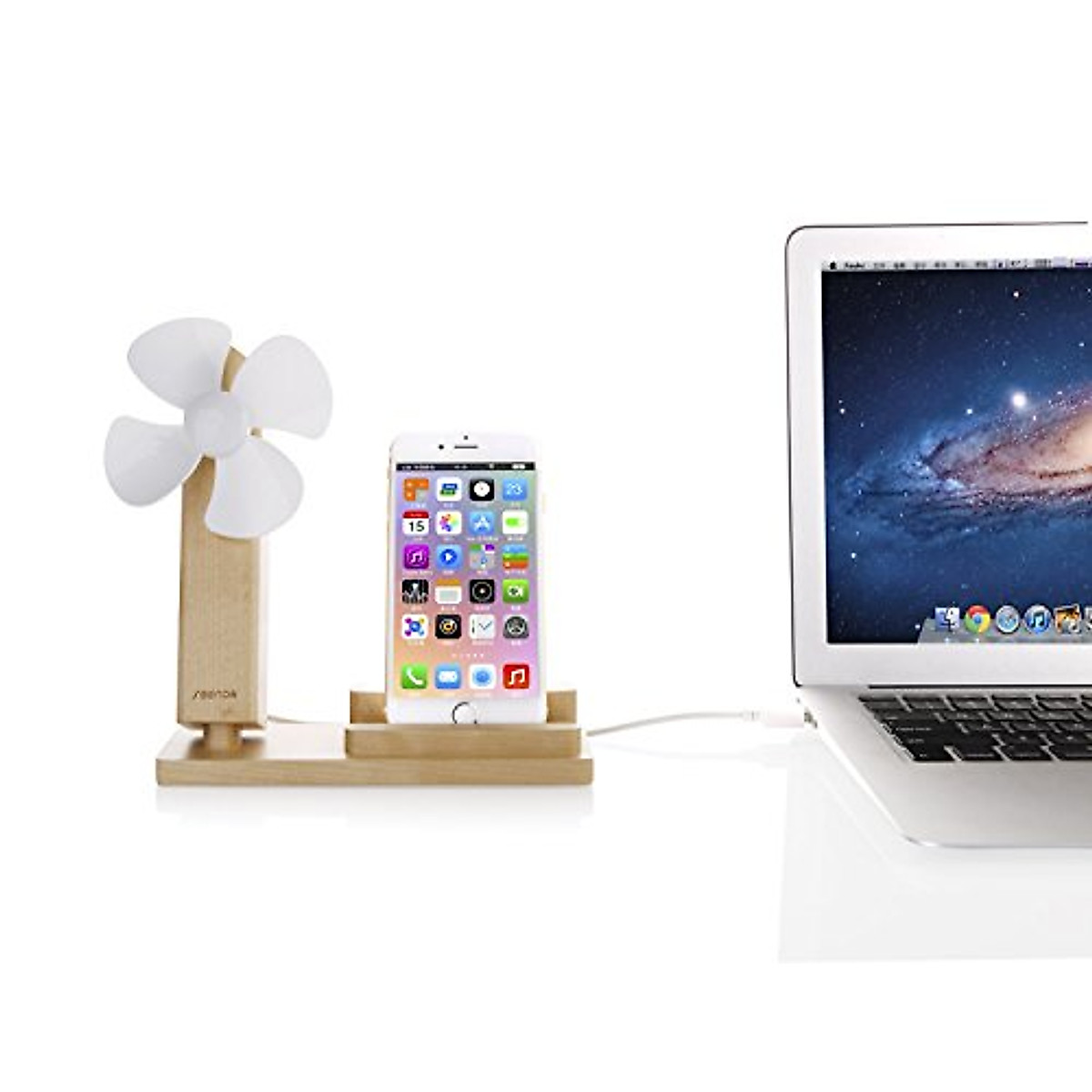 Morjava Z-10 Desktop Wooden Phone Stand Detachable Adjustable Portable Mini USB Fan 2 in 1 Creative Solid Wood Phone Stand for iPad iPhone -Light