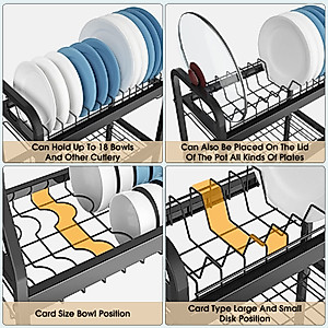 jiajunly 2 in 1 Kitchen Dish Drying Rack, Stainless Steel Large Capacity Dishrack, Multifunctional Rustproof Dish Drainer, 2-Tier Dish Rack for Kitchen Counter with Drainboard, Black