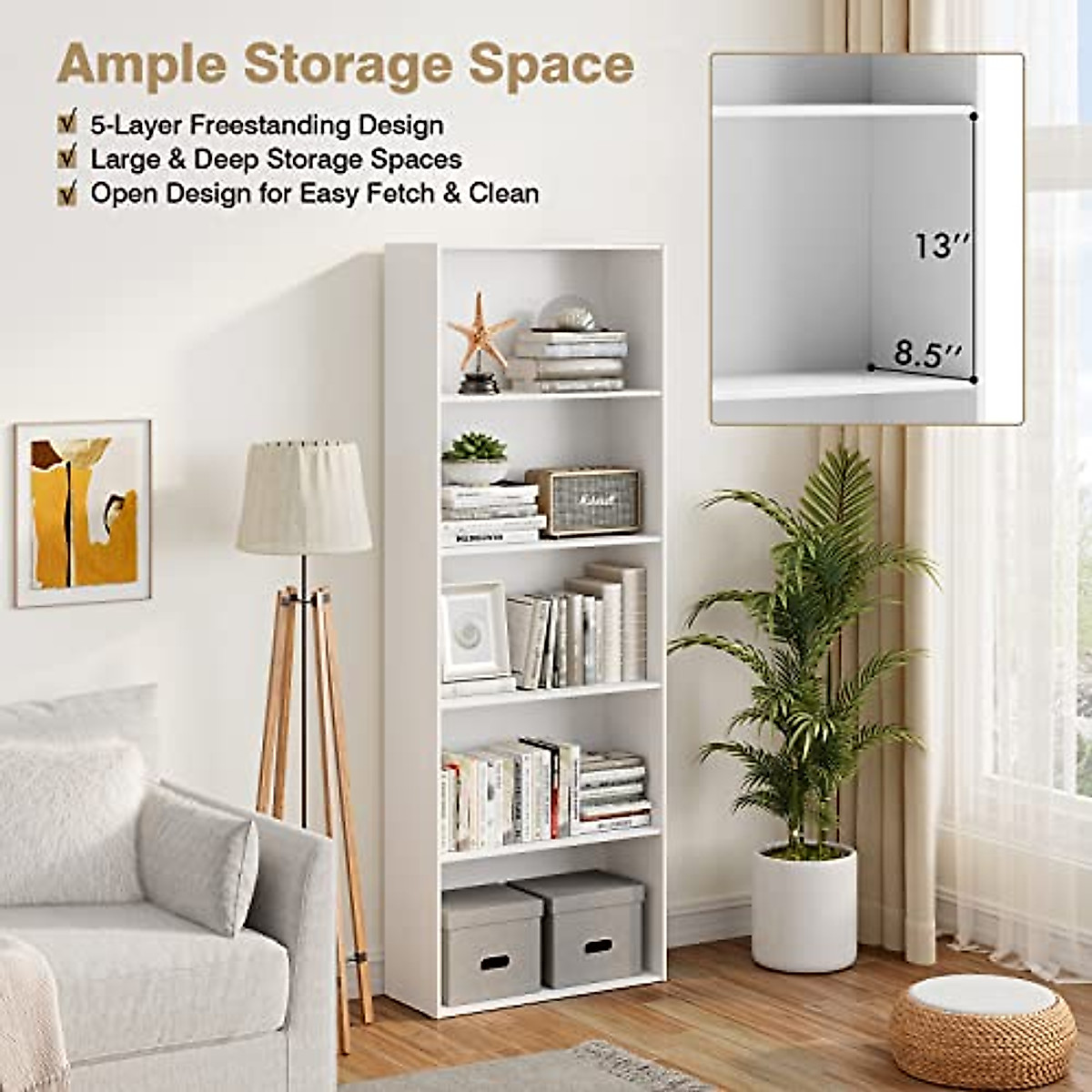 Tangkula 5-Shelf Bookcase, 23.5''L x 9.5''W x 67''H, Multi-Functional Wood Storage Display Open Bookshelf for Home Office (White)