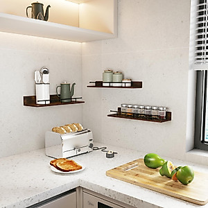 Giftgarden 16 Inch Brown Floating Shelves with Black Metal Guardrail, Wood Shelves for Wall Storage Set of 3, Wall Shelf for Bathroom Bedroom Living Room Kitchen Nursery