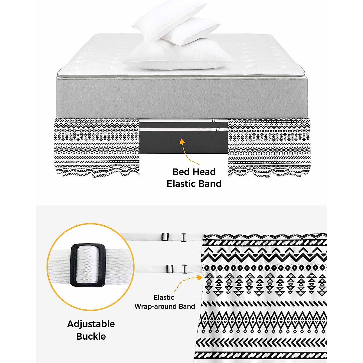 Bohemia Stripes Bed Skirt Cal King Size 18 Inch Drop, Adjustable & Elastic Wrap Around Bed Skirts Pleated Luxury Dust Ruffles for Twin Full Queen Cal King Base Bed, Modern Boho Geometric Black Lines