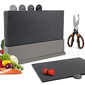 Masthome Index Chopping Board Set, 4-Pieces Plastic Cutting Boards with Food Icons and Storage Stand, BPA Free, Dishwasher Safe, Professional Chopping Board Set for Kitchen, Extra 1 Scissors