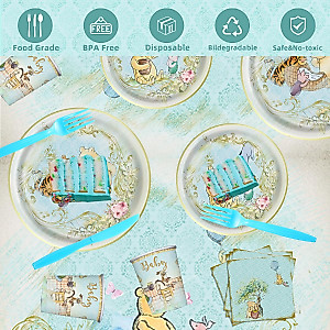 CAILESS Blue Winnie Bear Baby Shower Decorations, 156pcs Classic The Pooh Bear Baby Shower Party Supplies Included Plates Cups Napkins Cutlery Tablecloth Set Serves 25 Guests for Newborn Boy Birthday