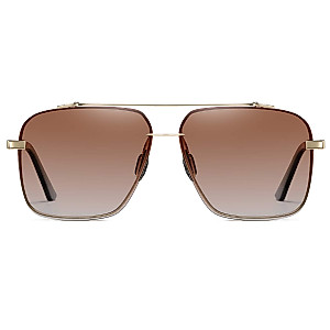 Square polarized sunglasses for men - Oversized Aviator Metal Frame - Gradient UV Protection Lenses (Gold | Brown Gradient)