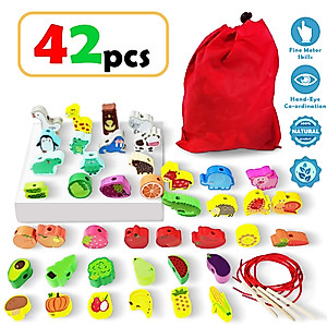 Visen 46Pcs Wooden Animals Fruits Vegetables String Threading Beads,Include 42Wooden Lacing Beads 4String Ropes,Montessori Toddler Preschool Activities Lacing Toys for Toddlers 3 4 5 6 Year Old