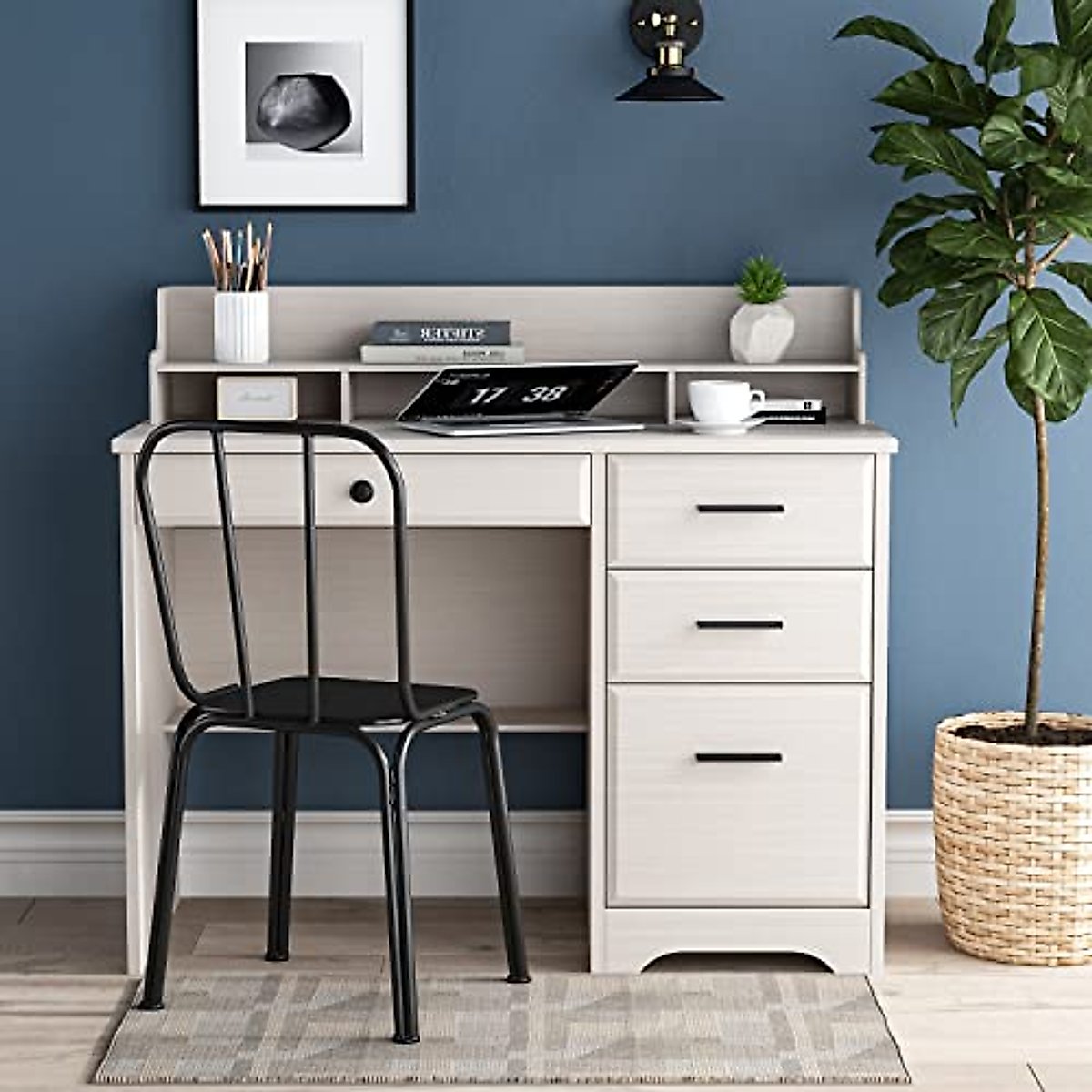 4 EVER WINNER Computer Desk with 4 Drawers and Hutch, Home Office Desk with File Drawers and Monitor Shelf, Writing Sturdy PC Laptop Notebook Desk, Spacious Desktop (White Off Desk)