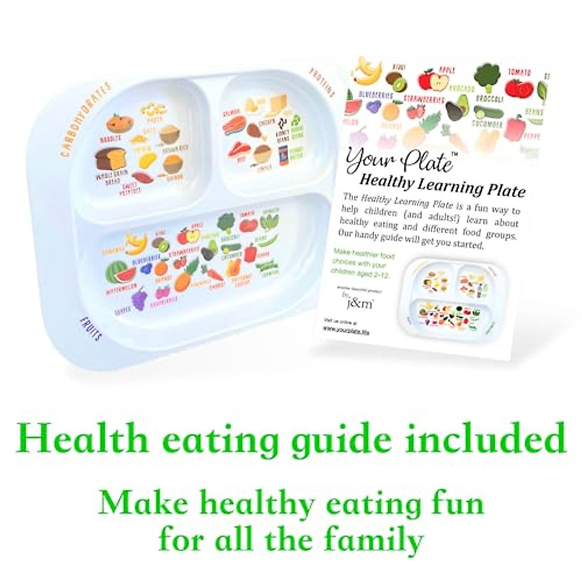 j&m Divided Portion Plate (4 Pack), Sections for Kids & Fussy Eaters, Learn Nutrition, Healthy Eating, Food Groups & Portion Sizes, Child-Friendly Melamine, Dishwasher-Safe