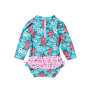Moily Infant Baby Girls Long Sleeve Floral Ruffles One Piece Swimsuit Rash Guard Shirts Bathing Suit Blue 6-12 Months