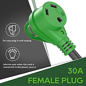 RVGUARD 3 Prong 30 Amp to 30 Amp RV Generator Adapter Cord 12 Inch STW 10/3, L5-30P Locking Male Plug to TT-30R Female with LED Power Indicator, Green