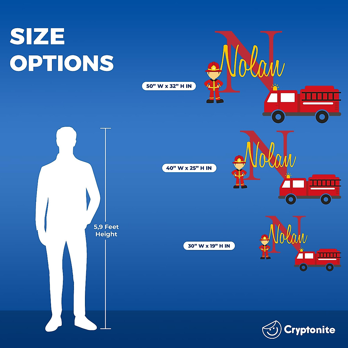 CRYPTONITE Personalized Name & Initial Firetruck Wall Decals for Kids Rooms I Baby Boy Nursery Decor I Toddler Boy Room Decor Firetruck I Firetruck Birthday Decorations (Wide 30"x 19" Height)