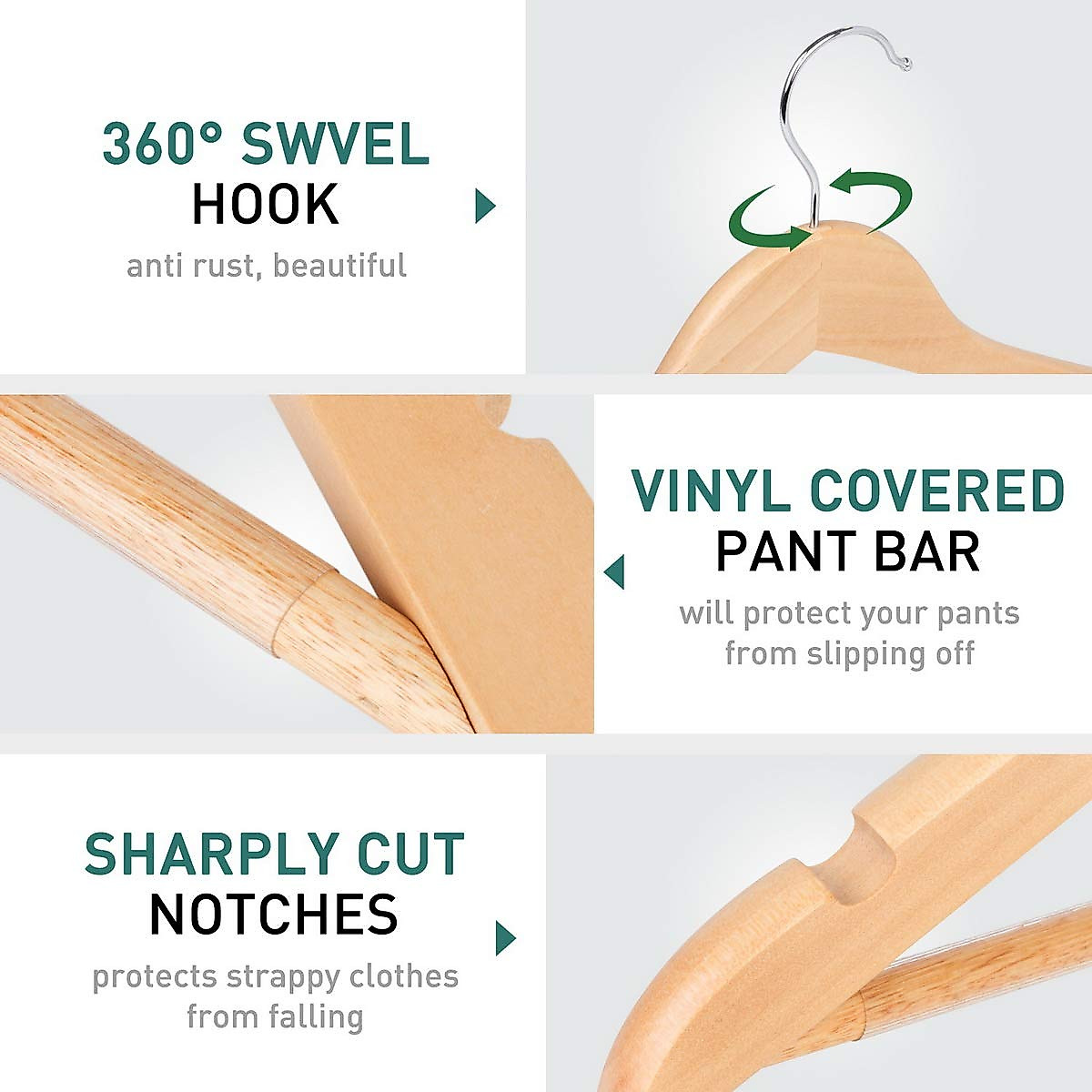 FSUTEG Coat Hangers 20 Pack Wooden Suit Hanger Wooden Hangers Premium Lotus Wood with Notches & Chrome Swivel Hook and Non Slip Pants Bar for Dress Clothes, Coats, Jackets, Pants, Shirts, Skirts