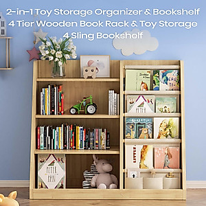 EXPERLAM Kids Bookshelf and Toy Storage Organizer, 4 Tier Wooden Kids Book Shelf with Sling Book Rack in Kids Room Playroom Nursery for Kids, Children, Toddlers