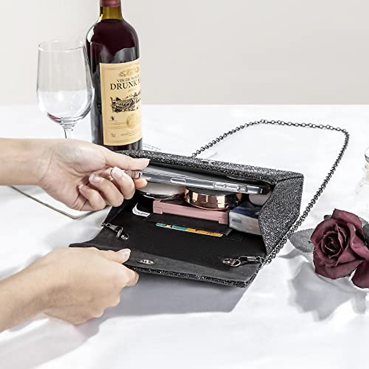 GEGELE Women's Sparkly Evening Bags Glitter Rhinestone Clutch Purse for Party Prom Wedding (Black)