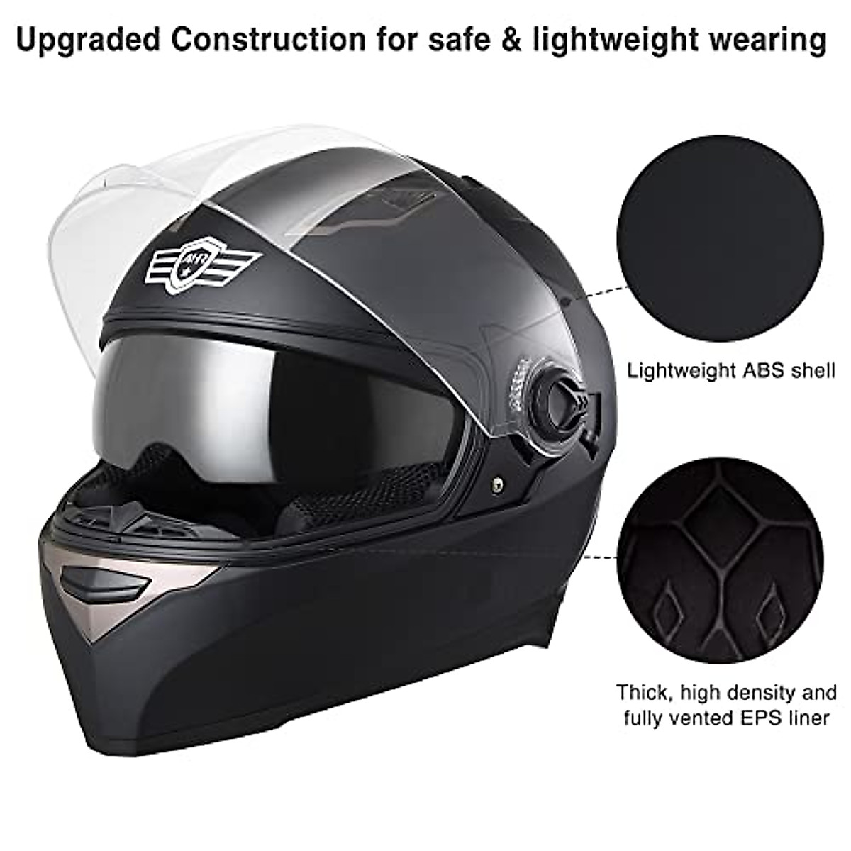 AHR Motorcycle Full Face Helmet Dual Visor Street Bike Lightweight DOT Approved Helmet Snowmobile Touring Sports for Adult Run-F1 (Matte Black, Large)