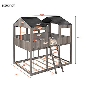 HABUHOME Full Over Full House Bunk Bed with Roof, Wood House Bunk Bed with Window, Guardrail, Ladder for Kids, Teens, Girls, Boys,Gray