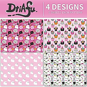 Dtiafu Cat Wrapping Paper for Girls Kids Women - 12 Sheets Pink White Gift Wrap with Cat Fish Patterns for Birthday Baby Shower Cat Party - 20 x 28inch Per Sheet