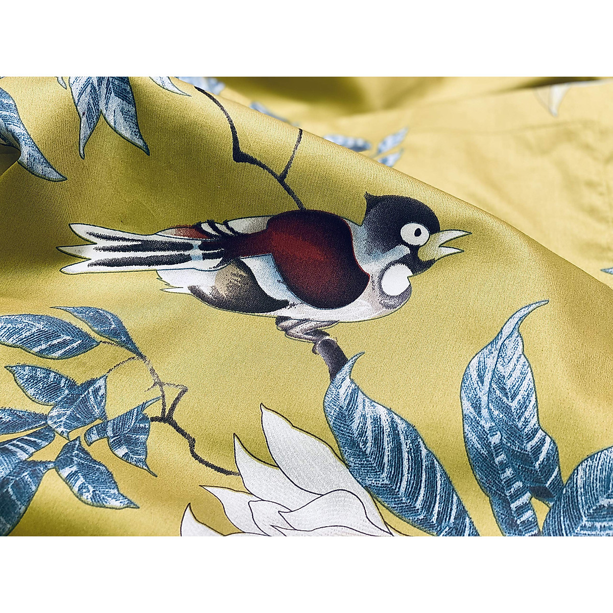 Exotic Modern Floral Print Bedding Birds Flowers Dusty Grey Design 100% Cotton Duvet Cover 3pc Set Hibiscus Blossom Branches in Muted Gray Blue (Queen, Citronelle Green)