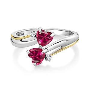 Gem Stone King 925 Sterling Silver and 10K Yellow Gold 2 Tone Red Created Ruby and White Lab Grown Diamond 2 Heart Couple Women Engagement Mother Ring (1.22 Cttw, Available In Size 5, 6, 7, 8, 9)